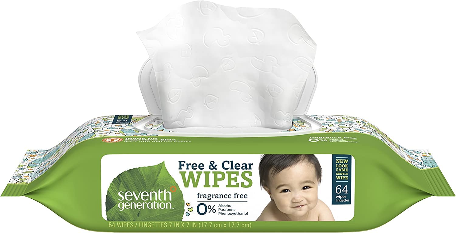 Seventh Generation Free & Clear Baby Wipes with easy open top, 64 count packs (pack of 12) (768 wipes)