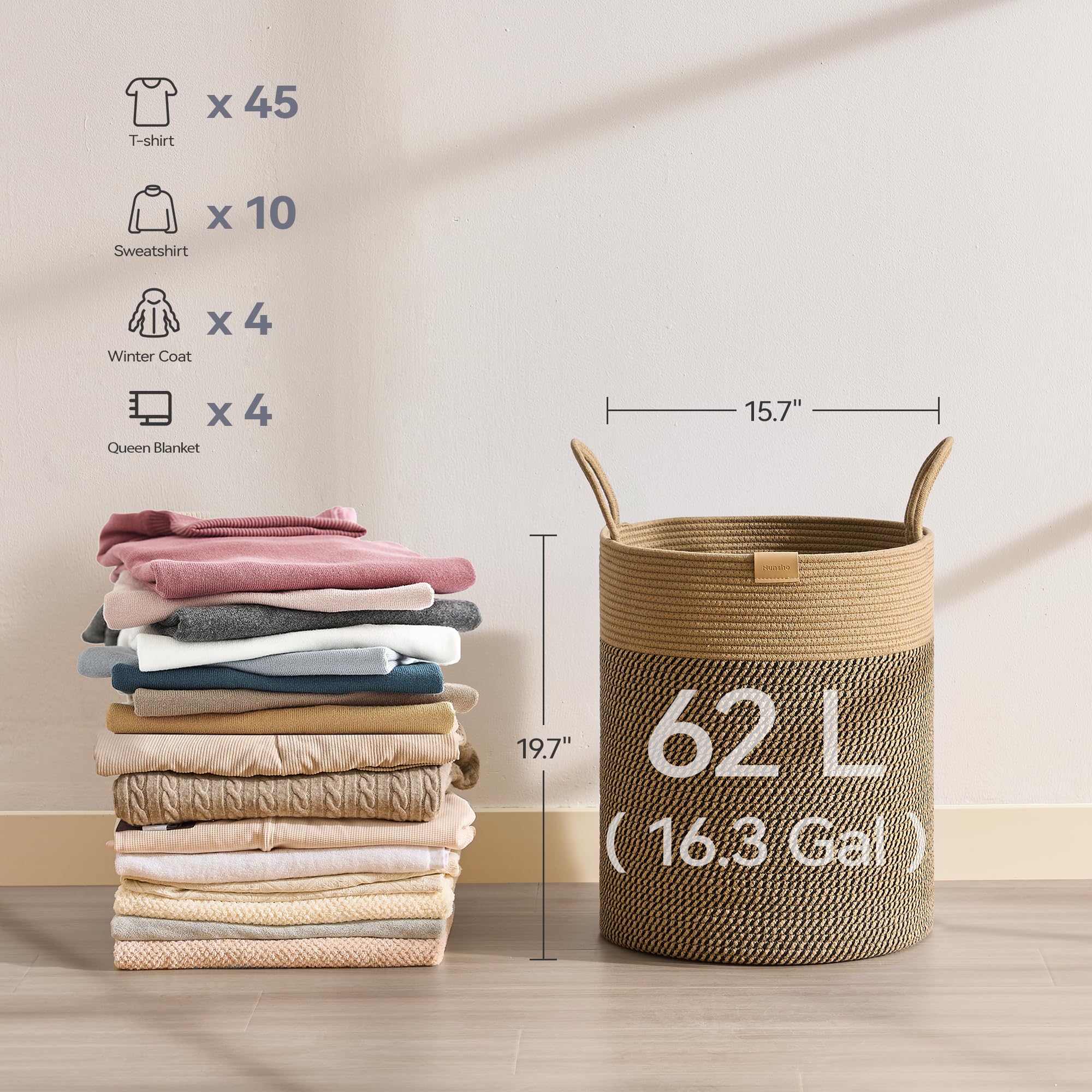 Nunsino Cotton Rope Laundry Hamper Basket,Baby Nursery Woven Storage Basket for Toys Bin,Pillows, Blankets,Clothes (Dark&Brown, 62L*2)