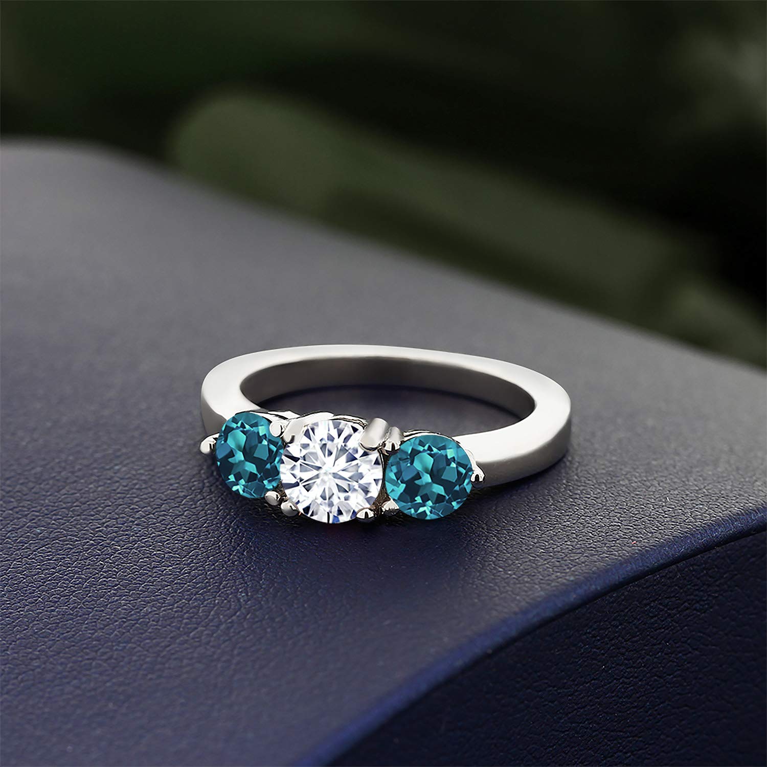 925 Sterling Silver Forever Classic Moissanite by Charles & Colvard and London Blue Topaz 3-Stone Women Ring (2.20 Cttw, Available in Size 5,6,7,8,9)