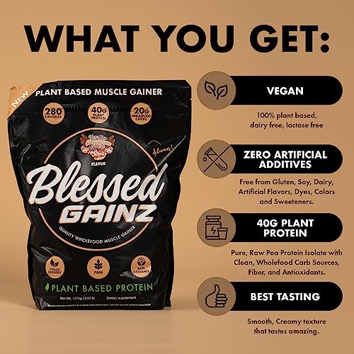 BLESSED Gainz Vegan Protein Powder Mass Gainer - 40g Plant Based Protein Powder - Meal Replacement Shake with Pea Protein Powder - Vegan Protein Shake - 40 Servings (Peanut Butter)