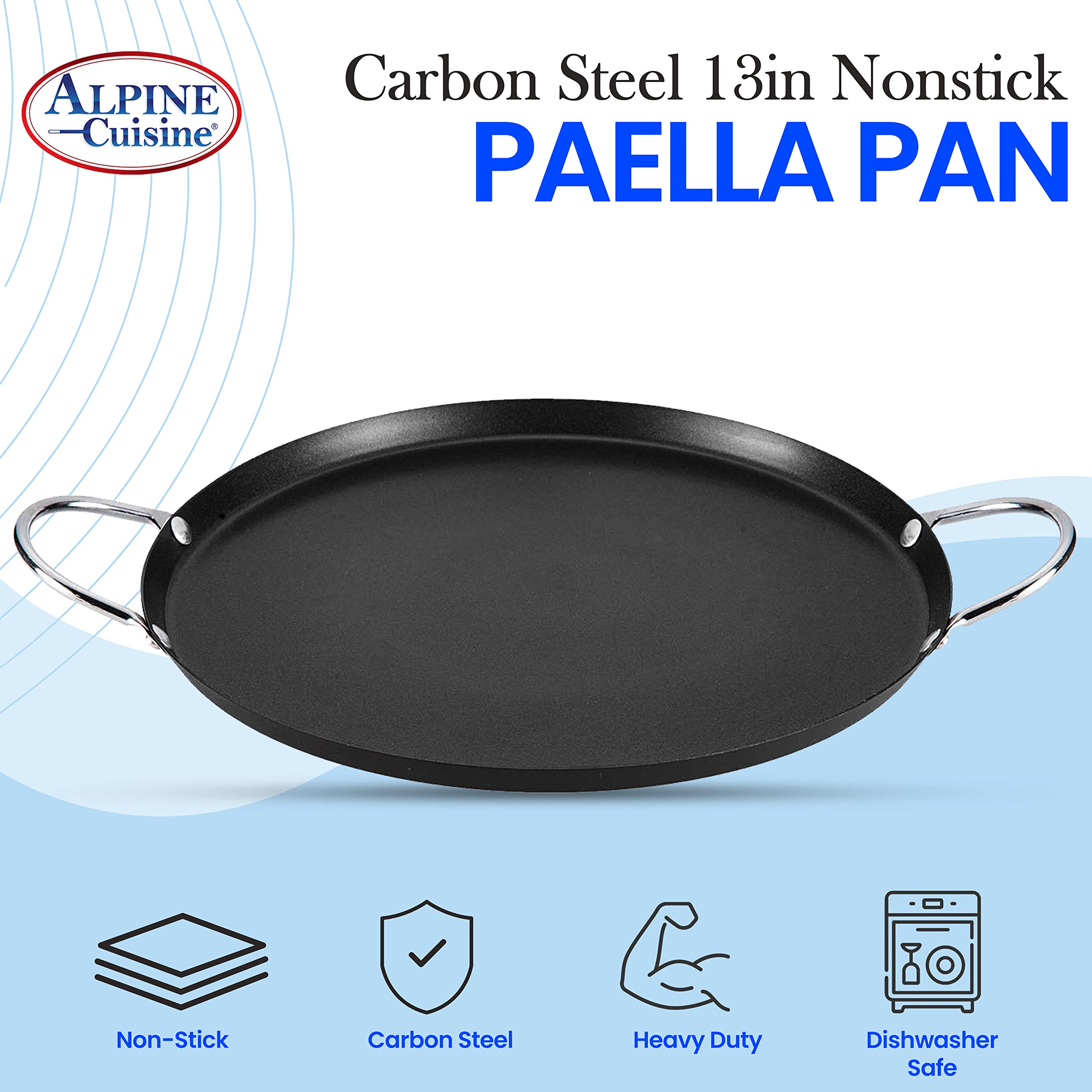 Alpine Cuisine Nonstick Round Paella Pan, 13-Inch, Black Carbon Steel, Oven Safe, Non-Magnetic