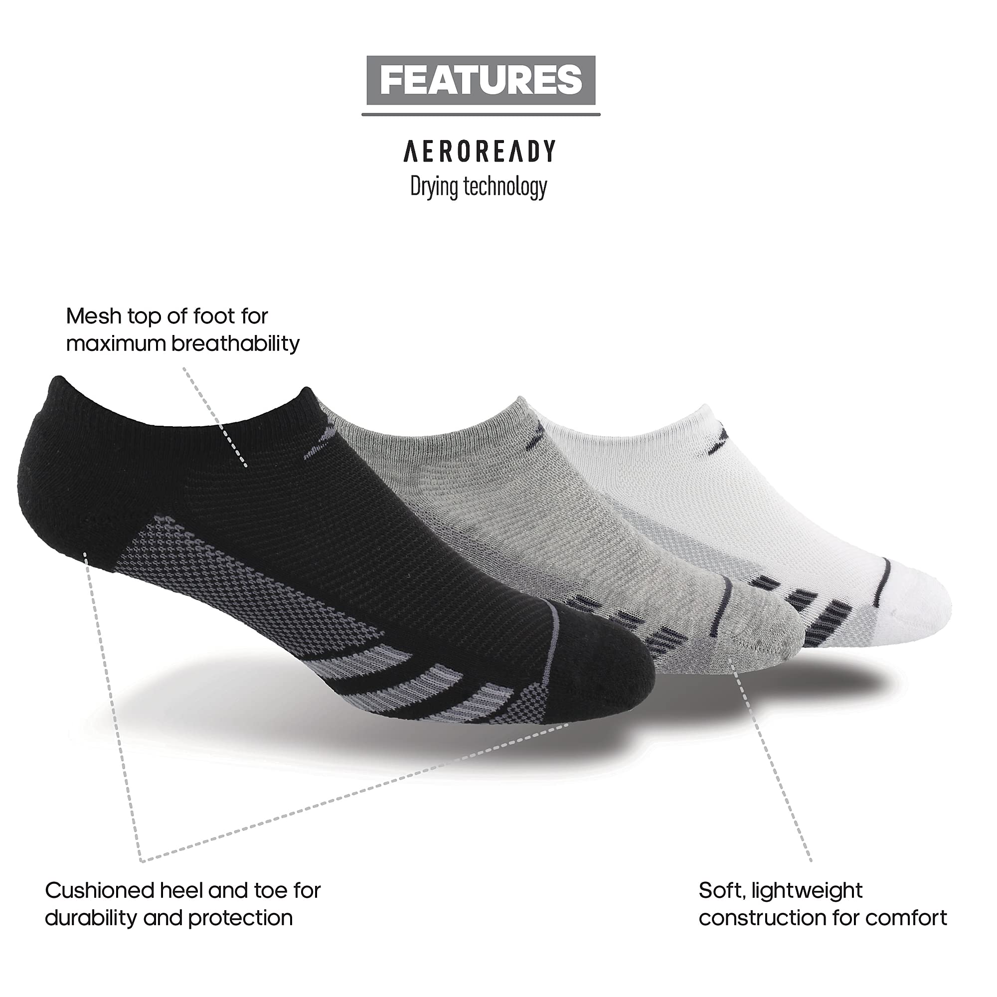 adidas Women's Superlite Stripe II 3-Pack No Show, Black/Heather Grey/White, Medium