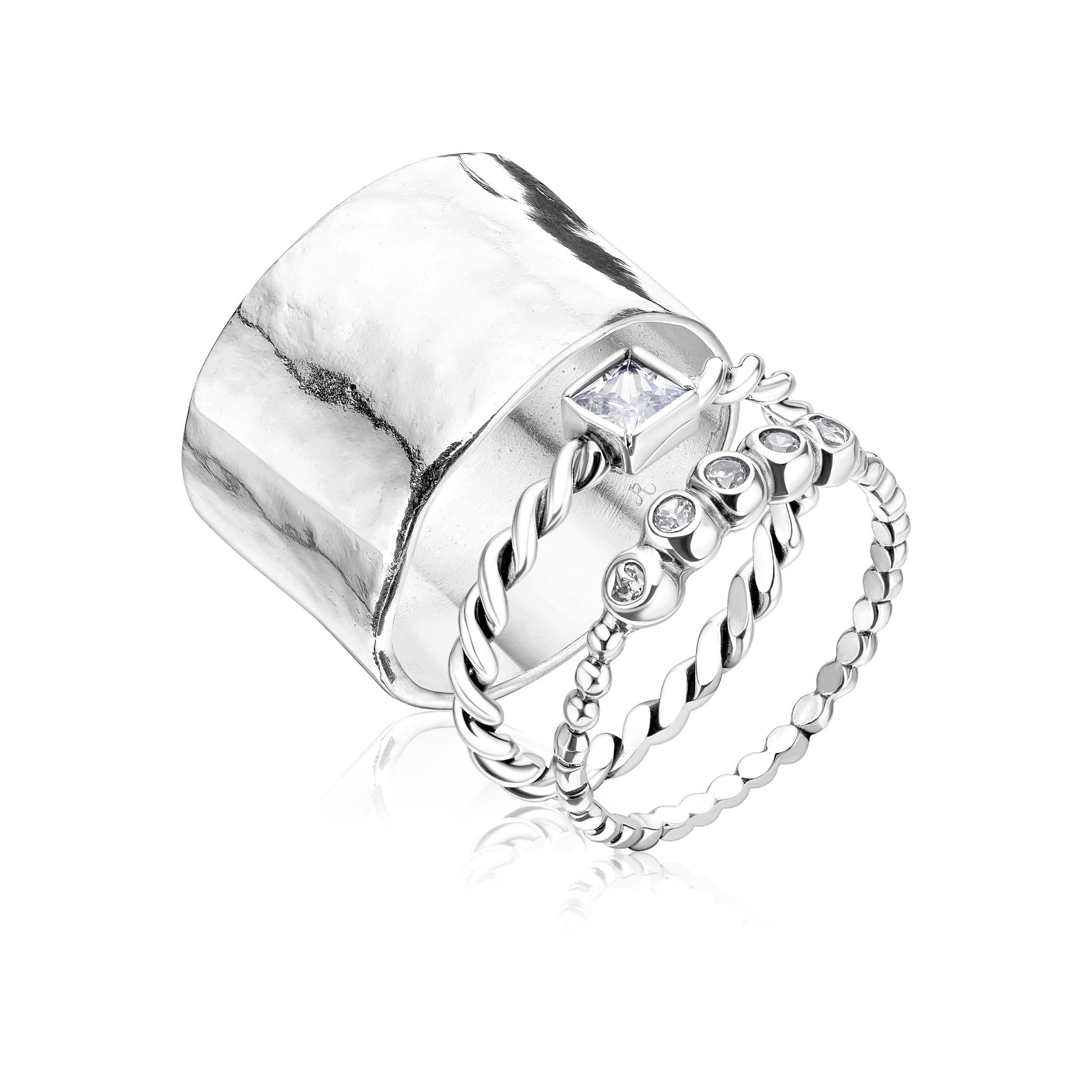 925 Sterling Silver Stack Ring With 1 White Square, 5 Round Cubic Zirconia 3 Rings, Stackable, Hypoallergenic, Nickel and Lead-free, Artisan Handcrafted Designer collection, Made In Israel