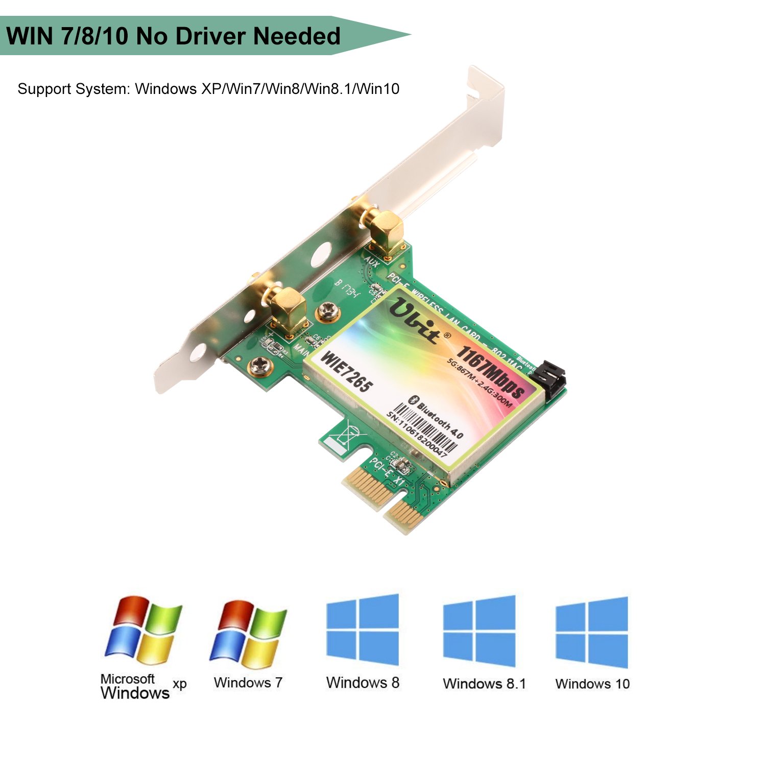 Ubit Network Card, WiFi Adapter AC 7265, AC1200Mbps pcie WiFi Bluetooth Card, 6dBi Antenna Wireless Dual Band (5G/2.4G) WiFi Card for Desktop pc