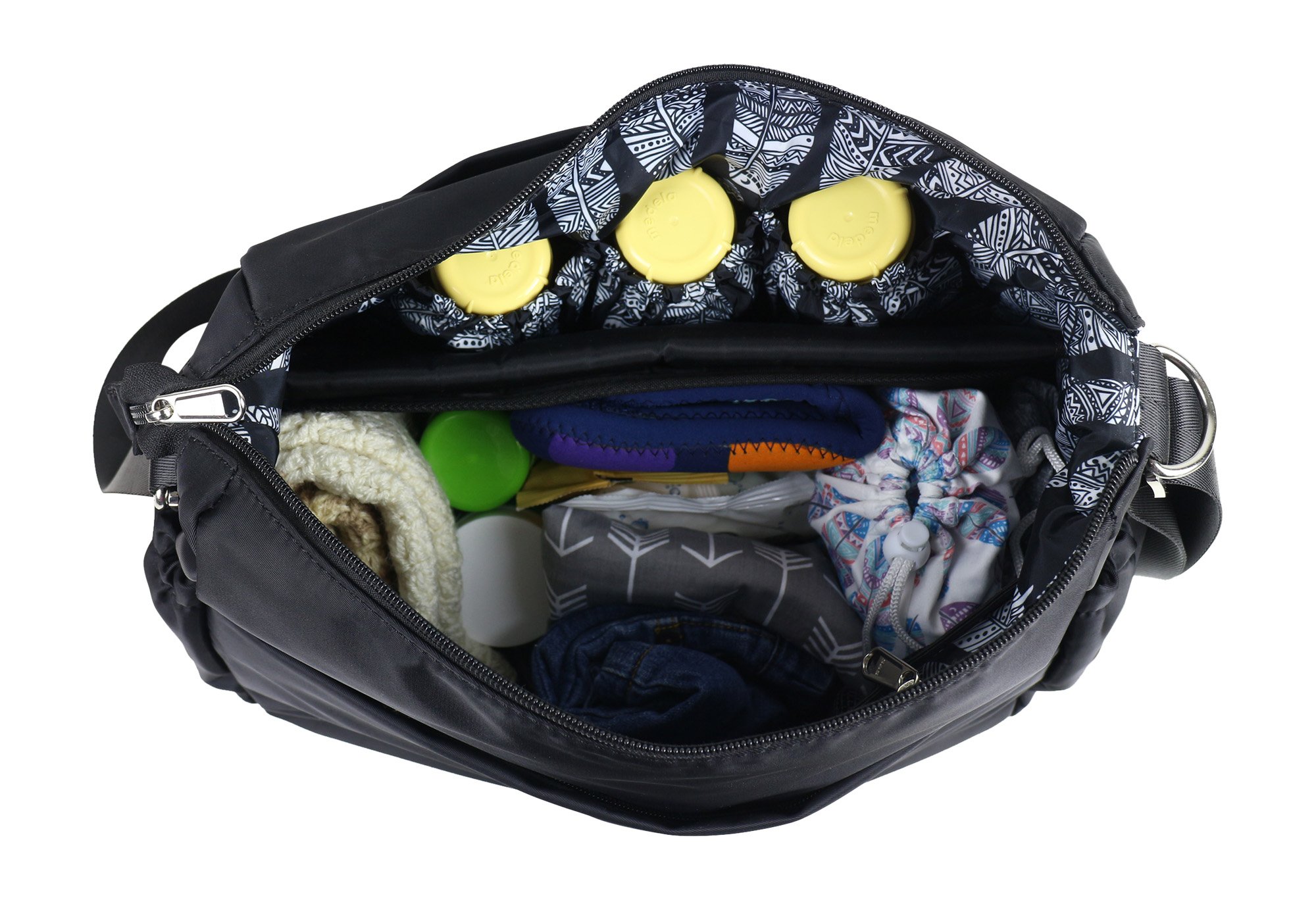 Purse Diaper Bag in Black Nylon with Matching Changing Pad Stroller Straps Premium Zippers 11 Pockets Insulated for Baby Bottles Crossbody Silver Tone Hardware Spacious Perfect for Moms on The Go