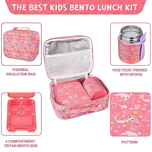 Bento Lunch Box Set With 10oz Soup Thermo, Leak-proof Lunch Containers with 4 Compartment, Kids Hot Thermo Food Jar/Insulation Lunch Bag, Food Containers for School(Mermaid)