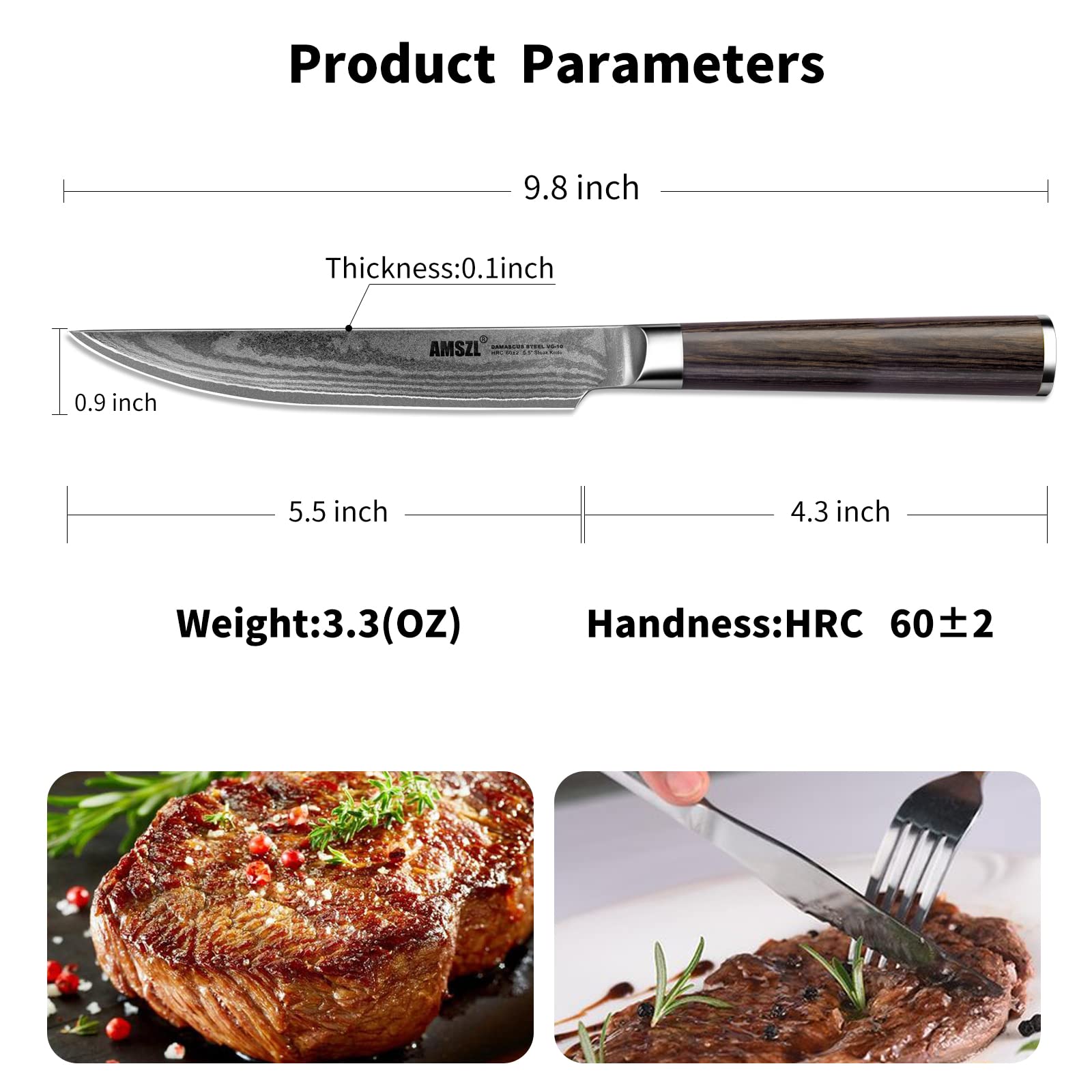 AMSZL Steak Knives - Set of 4 - Damascus - 5.5" - Japanese VG10 Core Steel Forged Straight Edge - Pakka Handle - Gift Box