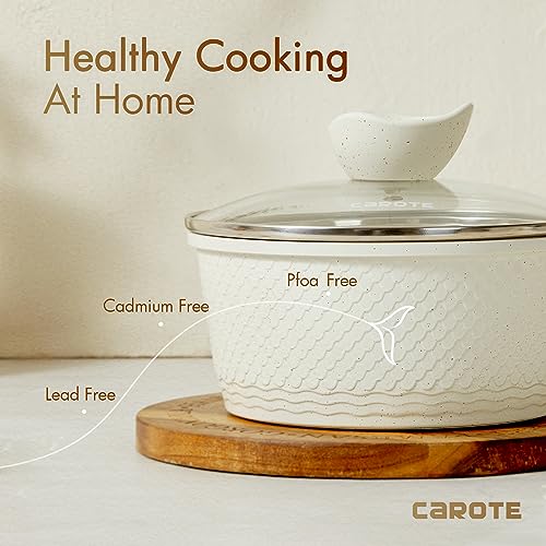 CAROTE 14 Pcs Nonstick Cookware Sets, Pots and Pans Sets Kitchen, Cooking Pots White Induction Non Stick Set w/Frying Pans & Saucepans(PFOS, PFOA Free)