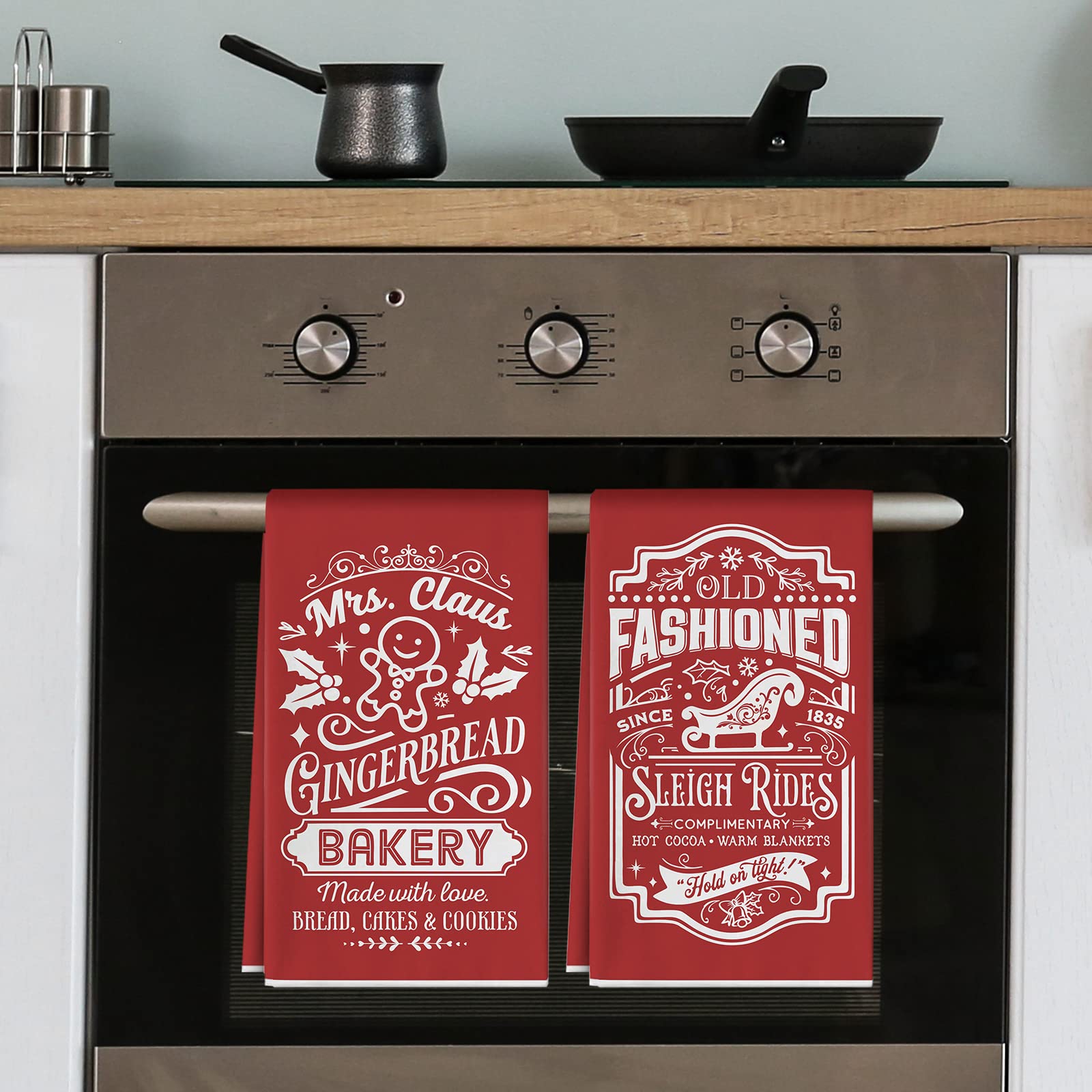 AnyDesign Merry Christmas Kitchen Towel Red Farmhouse Dish Towel 18 x 28 Inch Gingerbread Sleigh Rides Tea Towel Hand Drying Towel for Home Party Cooking Baking, 2 Packs