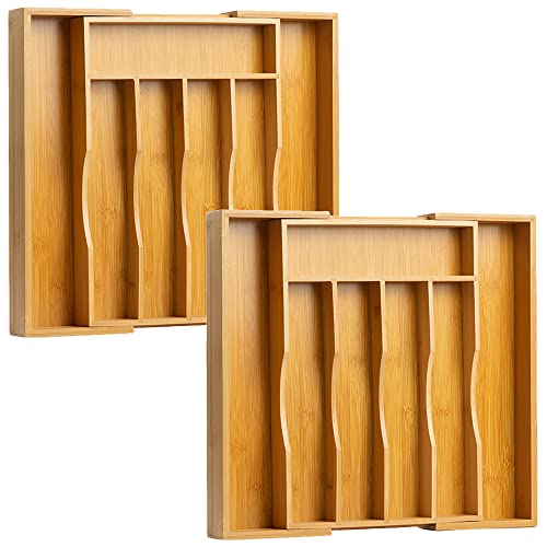 Bellsal Silverware Organizer 2 PIECE with grooves Kitchen Drawer Organizer Expandable Bamboo Utensil Holder Cutlery Tray for Kitchen Utensil and Flatware