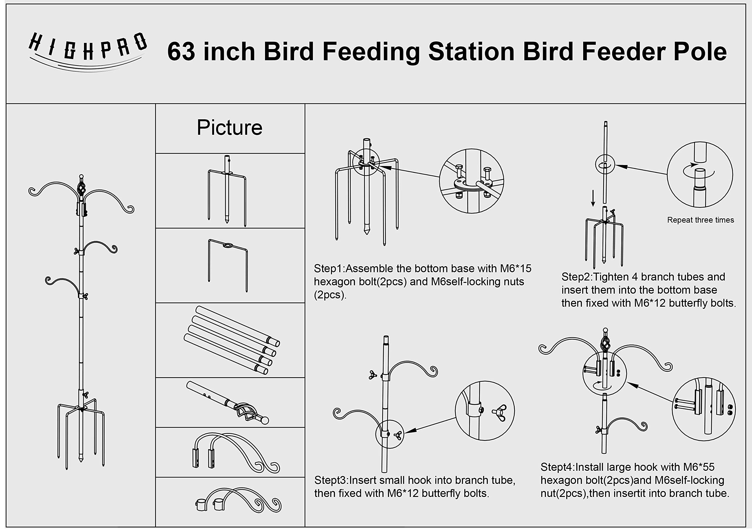 Bird Feeding Station Feeder Pole - Multi Hook 63 inches Stand for Watching Attracting Wild Bird Outdoor Hanging Pole by Highpro, 5-Prong Anchor Base