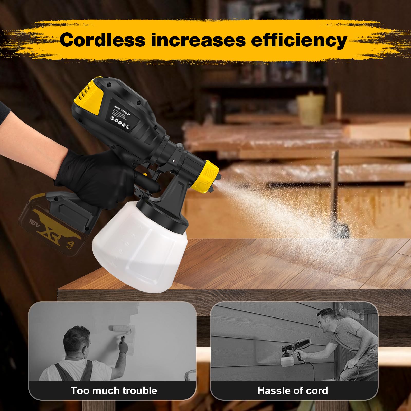 Cordless Paint Sprayer Compatible with Dewalt 20V MAX Battery, Handheld HVLP Paint Sprayer with 1200ML Container, Electric Paint Sprayer for Painting Ceiling, Fence, Cabinets, Walls (No Battery)