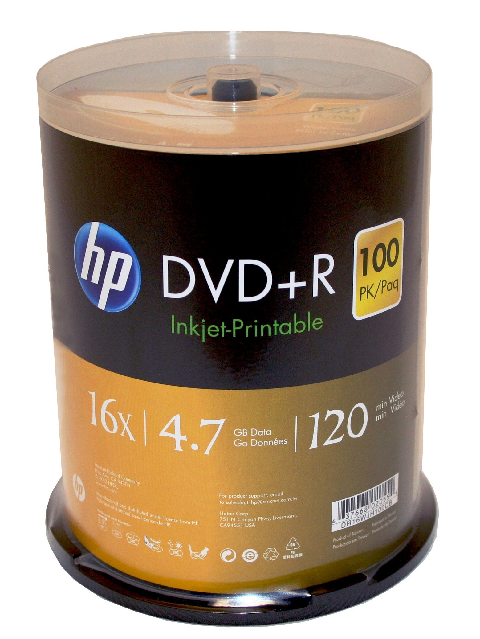 HP DVD+R 4.7GB 16X White Inkjet Printable 100 Pack in Spindle