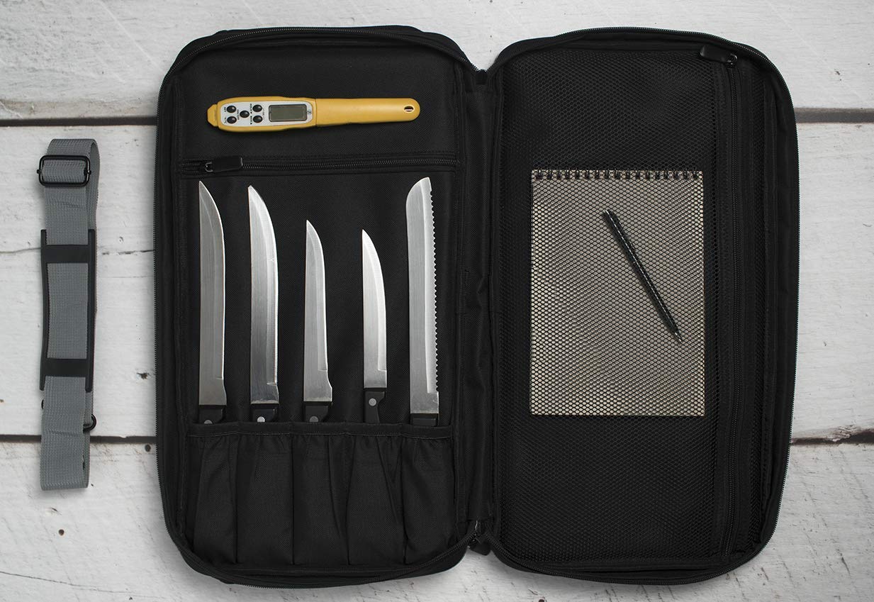 Asaya Chef Knife Bag - 28 Pockets for Knives and Kitchen Utensils - Durable Ballistic Nylon, Black Stainless Steel Hardware, Card Holder and Adjustable Shoulder Strap - Knifes not Included