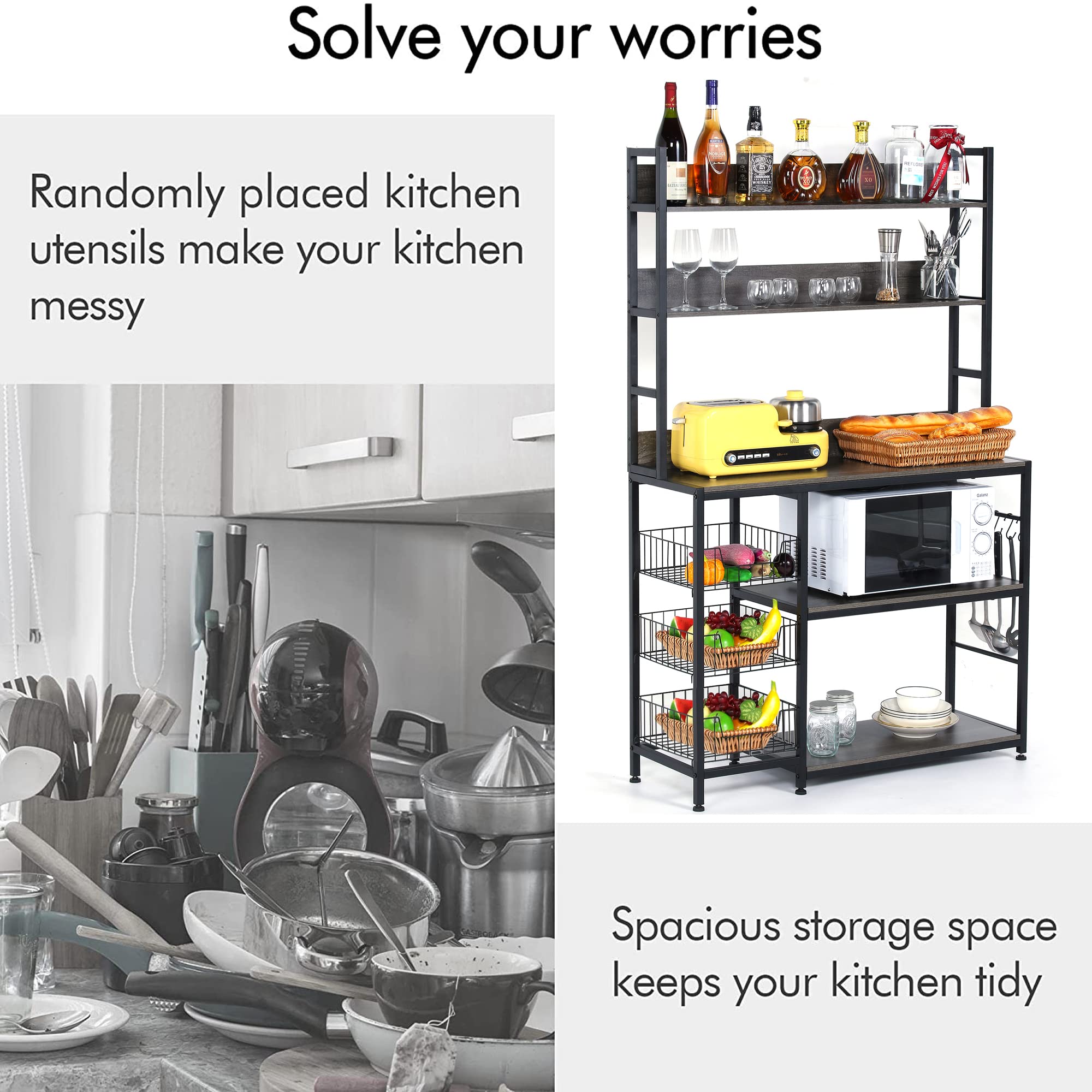 NAIYUFA Kitchen Bakers Rack with Baskets,5-Tier Kitchen Utility Storage Shelf with Hooks, Microwave Oven Stand Rack, Free Standing Kitchen Shelf Vintage Grey