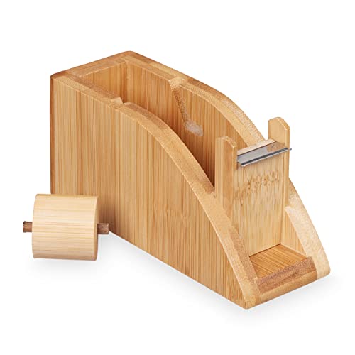 Relaxdays Adhesive Dispenser, Sticky Tape Holder for 25 mm Rolls, with Cutting Blade, Crafts, Natural, 5.5 x 12 x 4.5 cm, Bamboo, Metal