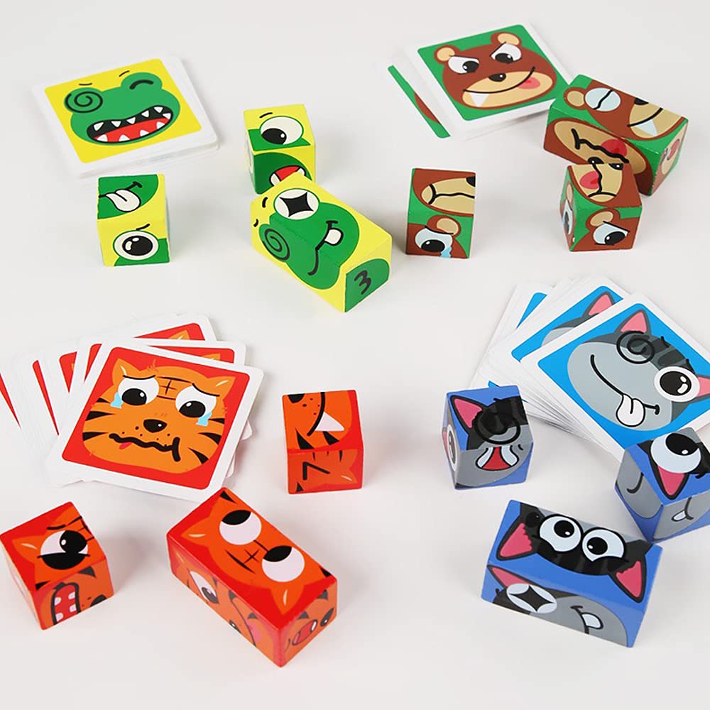 Wooden Toy Face Change Rubik's Cube Building Blocks Puzzles Expression Building Blocks Game Educational Games Montessori Toy Children's Logical Thinking Intellectual Training Challenge Card Toys.
