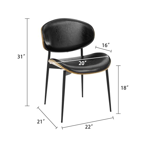 Art Leon Modern Faux Leather Dining Chairs, Mid Century Desk Chair No Wheels, Armless Accent Chair with Black Metal Legs, Set of 2, Black/Walnut