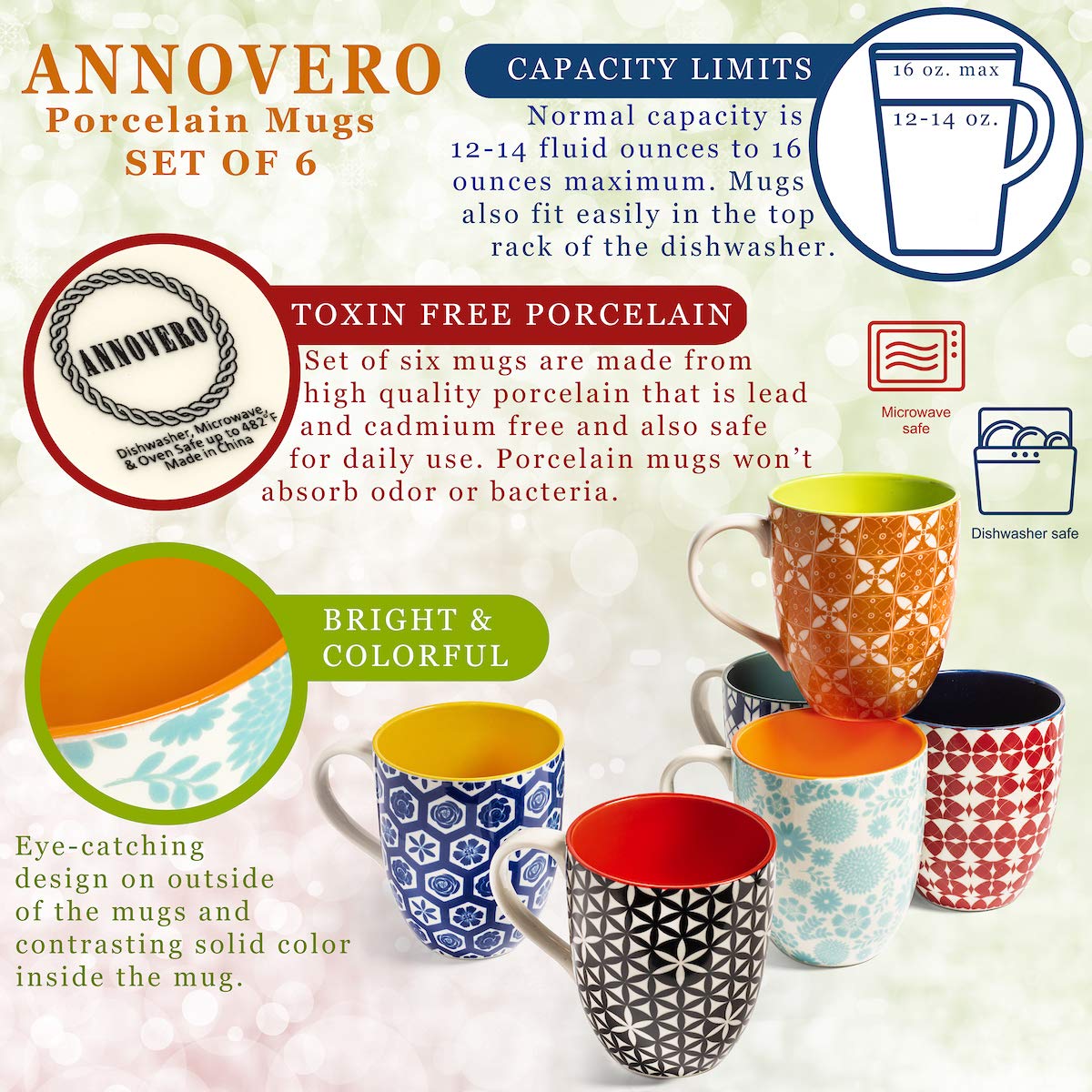 Annovero Mugs, Dessert Bowls. Cute and Colorful Porcelain Dishes for Kitchen, Microwave and Oven Safe. Bundle