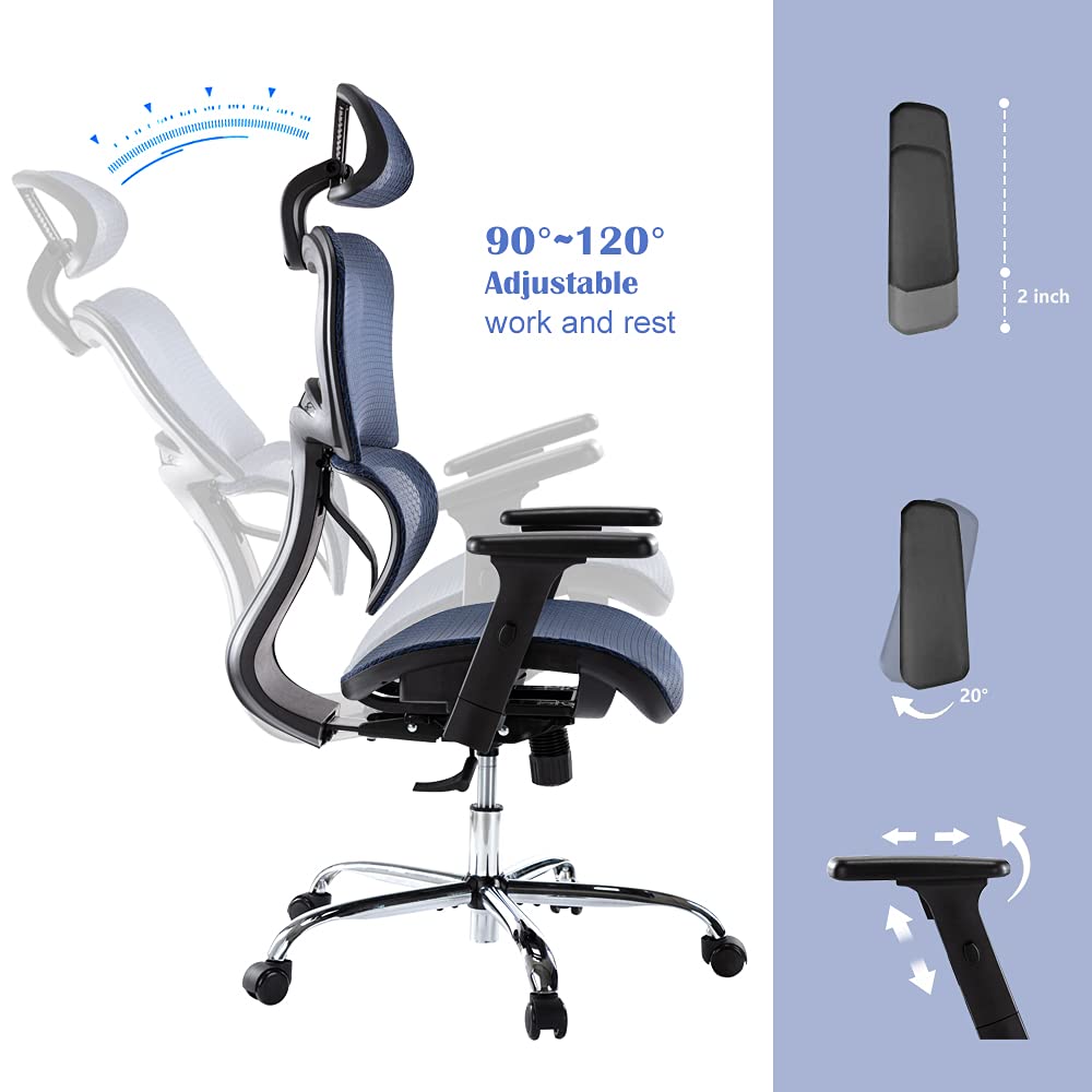 Ergonomic Chair, High Back Executive Desk Chair, Modern Office Chair with Lumbar Support, Breathable Mesh Chair, with 3D Adjustable Armrests,Headrest and Lumbar Support, Steelblue