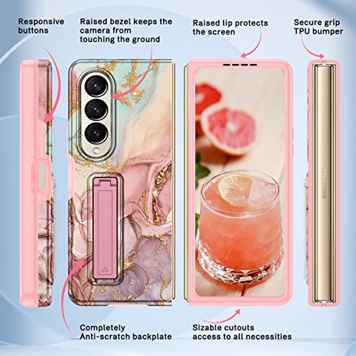 Btscase for Samsung Galaxy Z Fold 4 Case, Built-in Screen Protector with Adjustable Magnetic Kickstand, Full Body Dual Layer Rugged Shockproof Protective Cover for Galaxy Z Fold 4 5G, Rose Gold