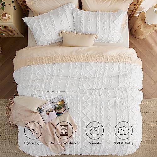 Bedsure Tufted Boho Comforter Set Queen - White Boho Bedding Comforter Set, 3 Pieces Farmhouse Shabby Chic Embroidery Bed Set, Soft Jacquard Comforter for Women Men Girls
