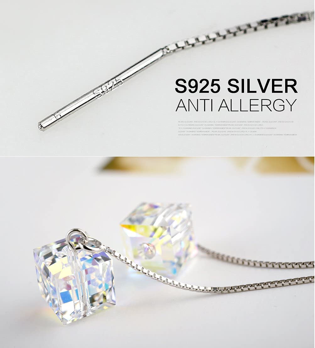 AllenCOCO 925 Sterling Silver SWAROVSKI Crystals Long Tassel Threader Dangle Drop Earrings Women Wife Cube Hypoallergenic Dangle Earrings