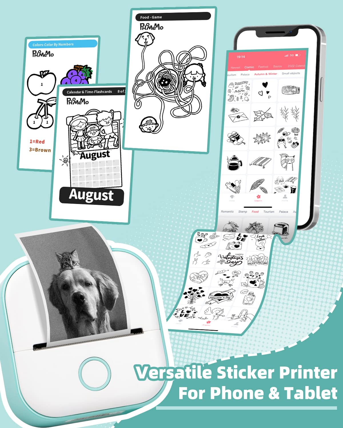 Memoking T02 Portable Small Printer with 3 Rolls Paper, Sticker Printer Machine for Study, Notes, Pictures, Photos, Journals, DIY and White Sticky Paper