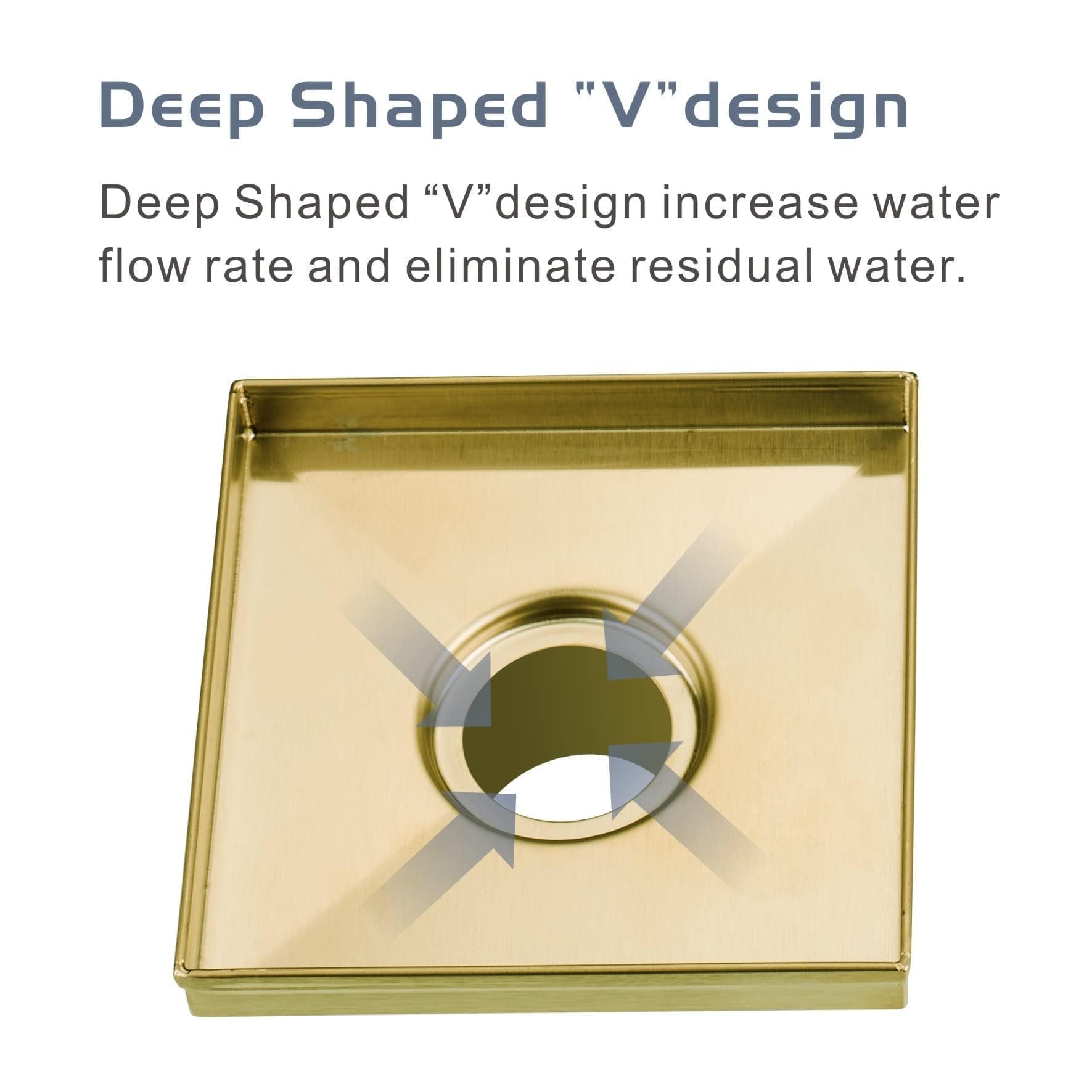 Gold Brushed Shower Drain with Flange, HIDROP SUS 304 Stainless Steel 6 inch Square Shower Floor Drain with Removable Hair Strainer