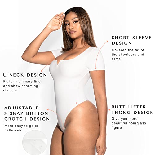 FeelinGirl Women's Body Thong Tummy Control Shapewear Short Sleeve Top Scoop / V Neck Leotards Suit, B-white-notch Neck, Medium