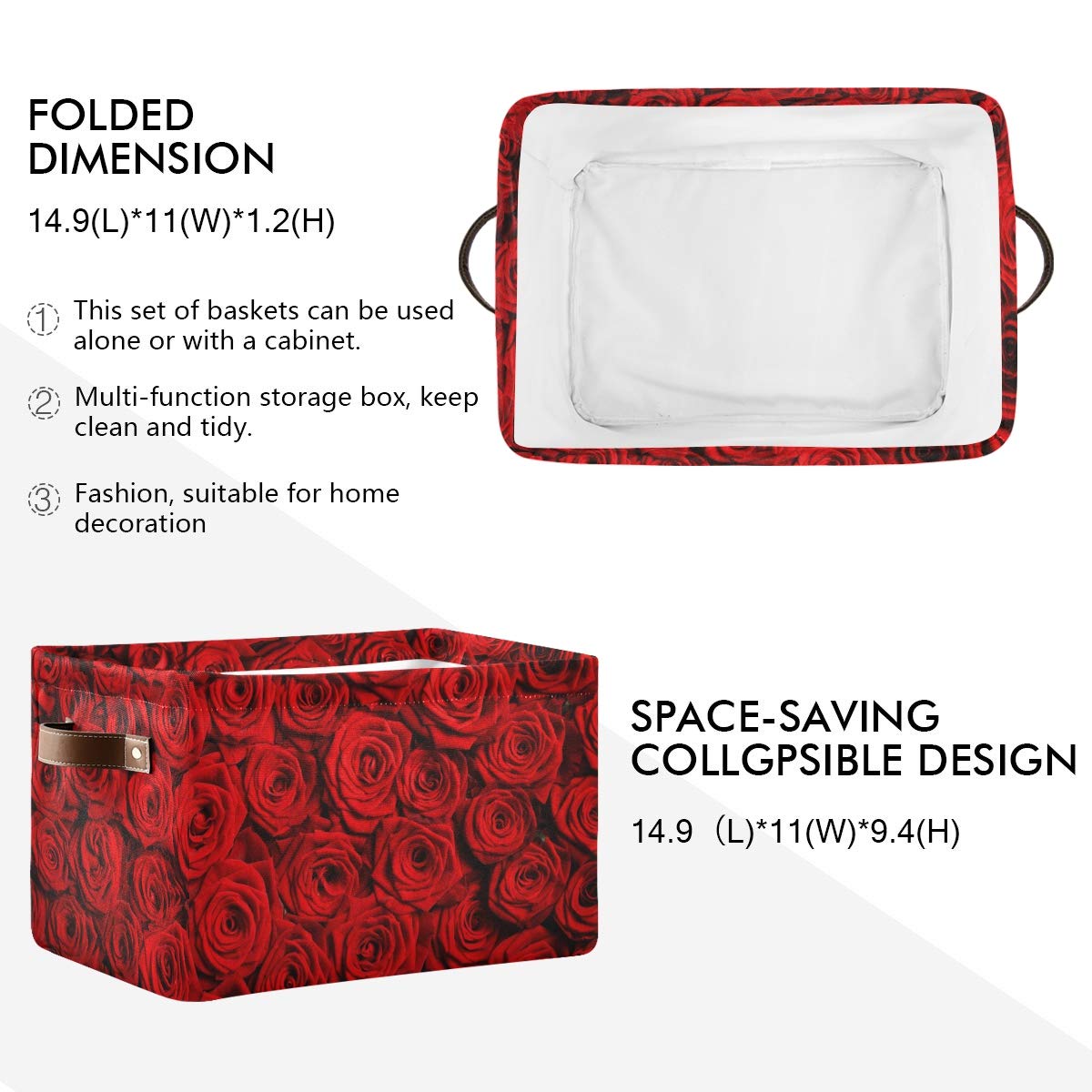 AUUXVA Red Rose Floral Storage Basket Collapsible Cloth Storage Cube Basket Bins Organizer with Handles Rectangular Large Toys Shelf Closet for Nursery Bedroom Home Office