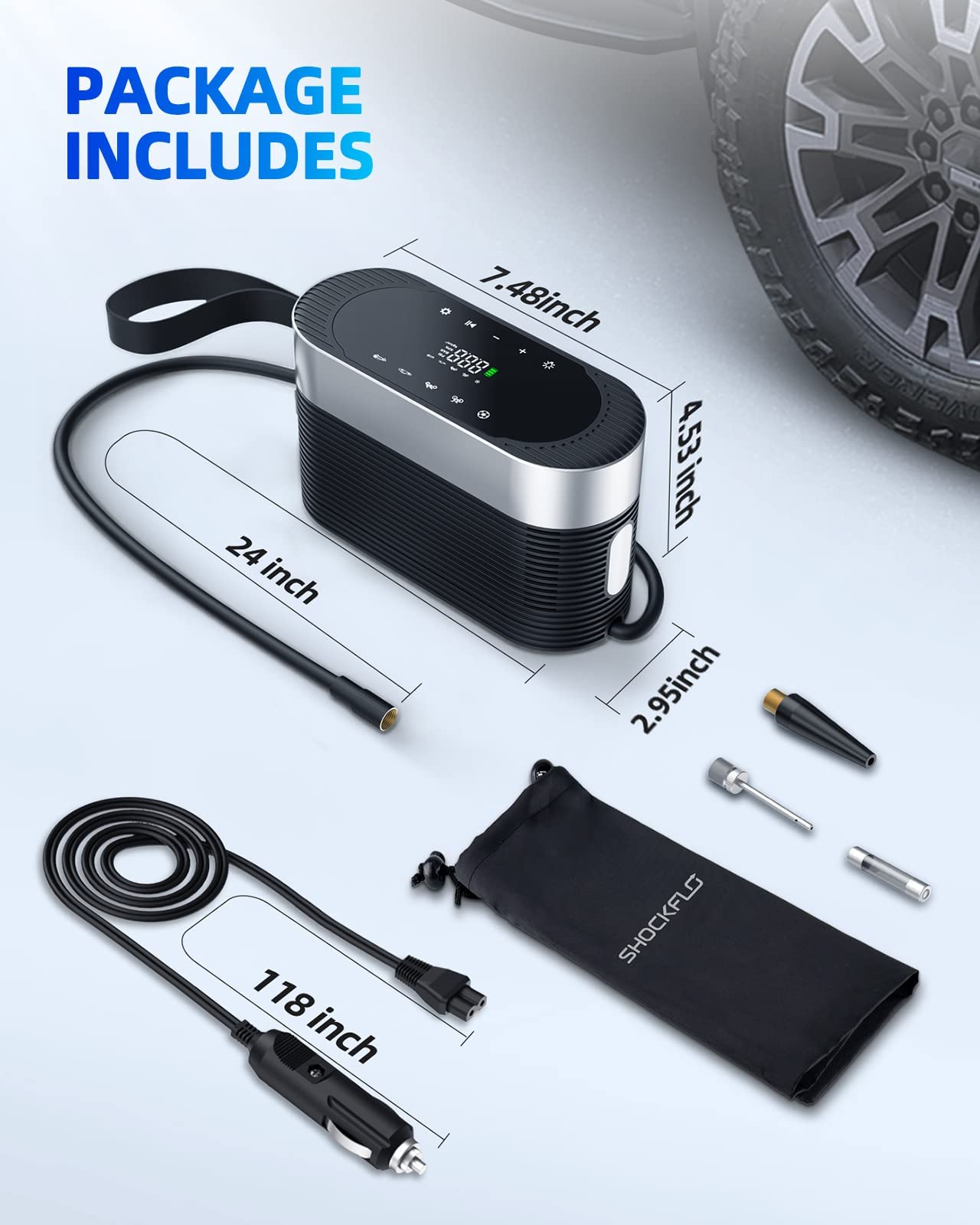 ShockFlo Tire Inflator Portable Air Compressor 12v DC Ultra Fast Air Pump for Car Tires- 150PSI Car Tire Air Pump Digital Pressure & Pre-set Gauge with Emergency LED Light