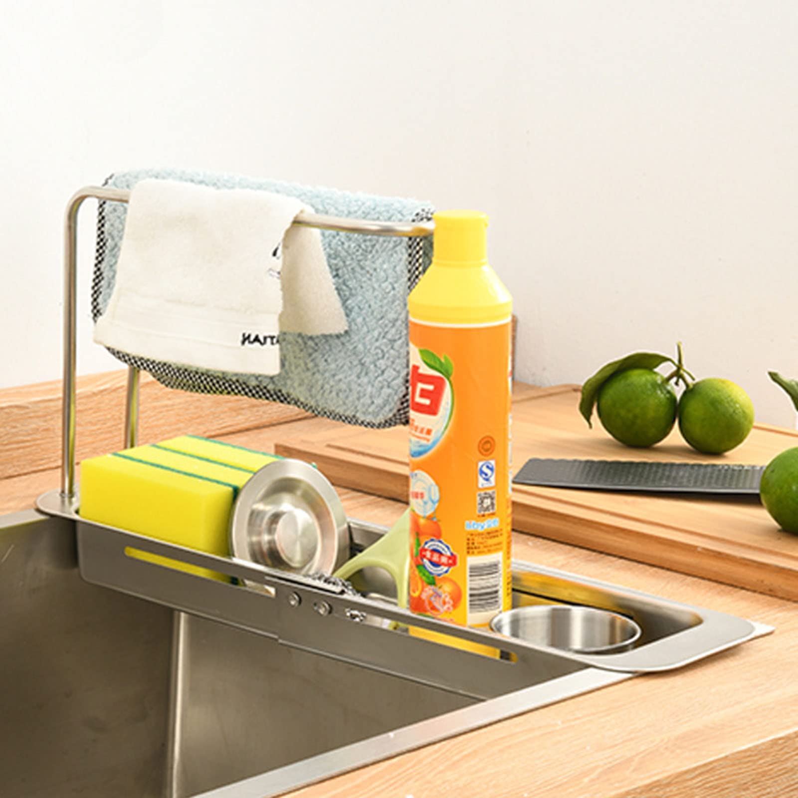 AJIODA Kitchen Sink Caddy Sponge Holder, Expandable Sink Storage Rack with Dishcloth Towel Holder & Residue Filter, Stainless Steel Multi-Functional Over Sink Kitchen Caddy Drying Rack Drain Rack