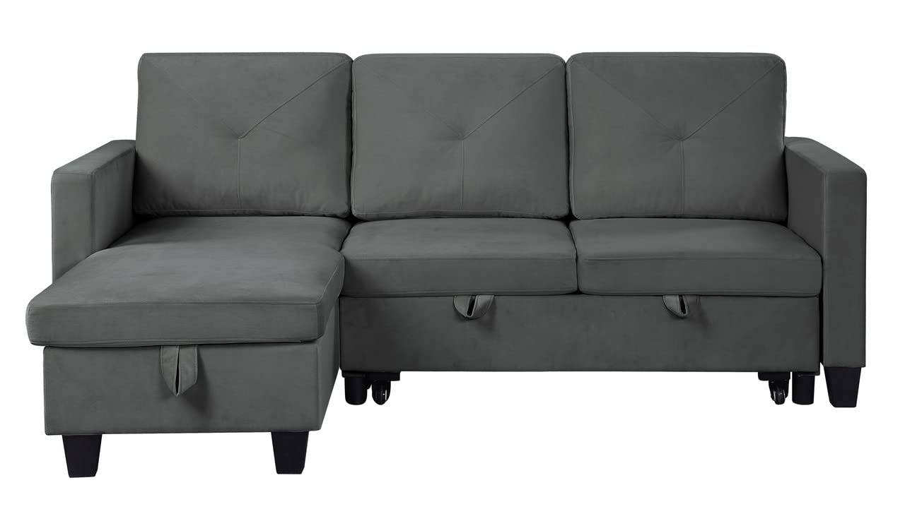 TUTB 82.5'' L-Shape Convertible Sleeper Sectional Sofa with Storage Chaise and Pull-Out Bed, Velvet Upholstered Reversible Corner 3 Person Couch, for Living Room, Apartment, Dark Gray