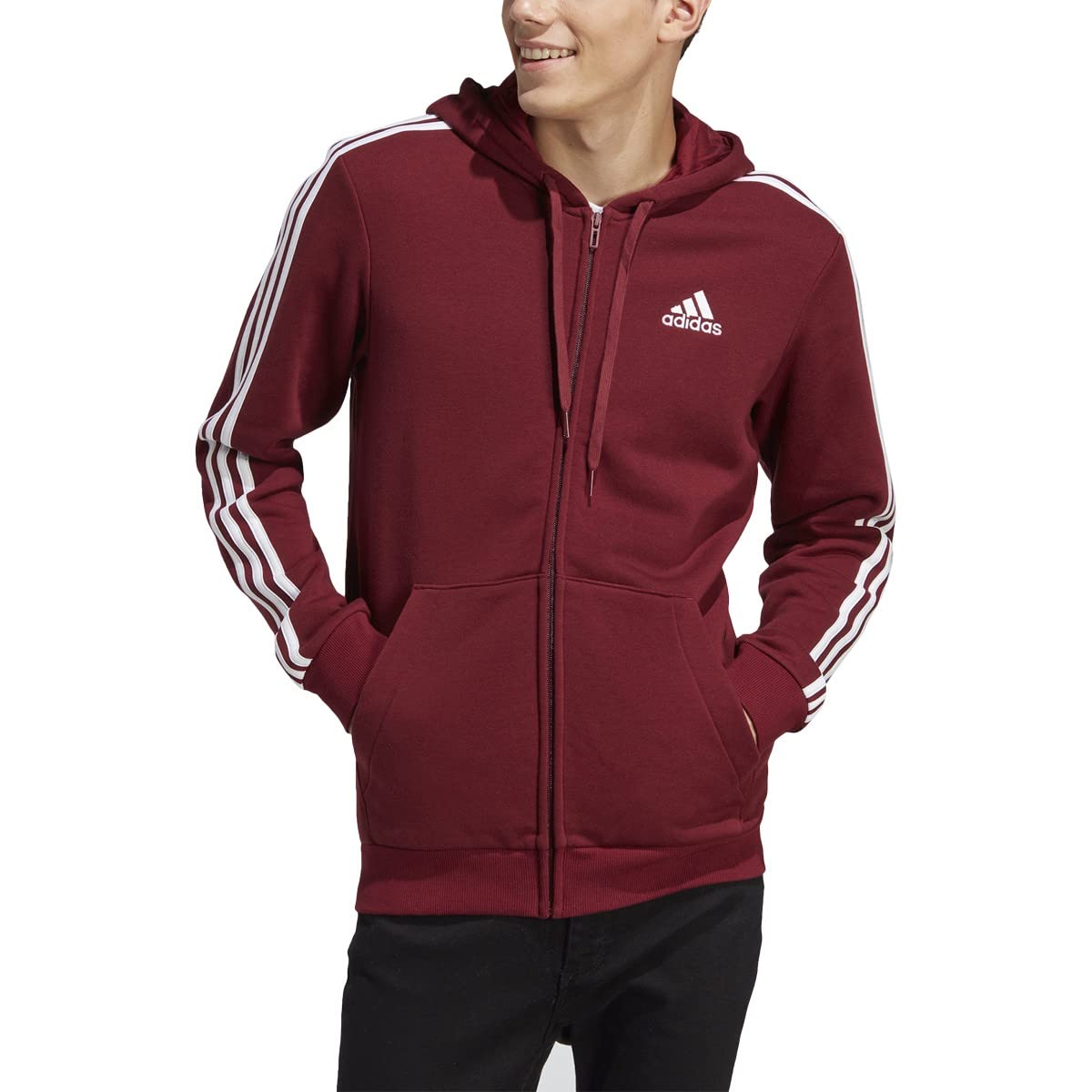 adidas Men's Essentials Fleece 3-Stripes Full-Zip Hoodie, Shadow Red, XX-Large