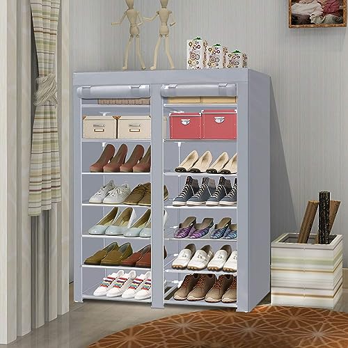 ERONE Shoe Rack Storage Organizer, 28 Pairs Portable Double Row with Nonwoven Fabric Cover Shoe Rack Cabinet for Closet