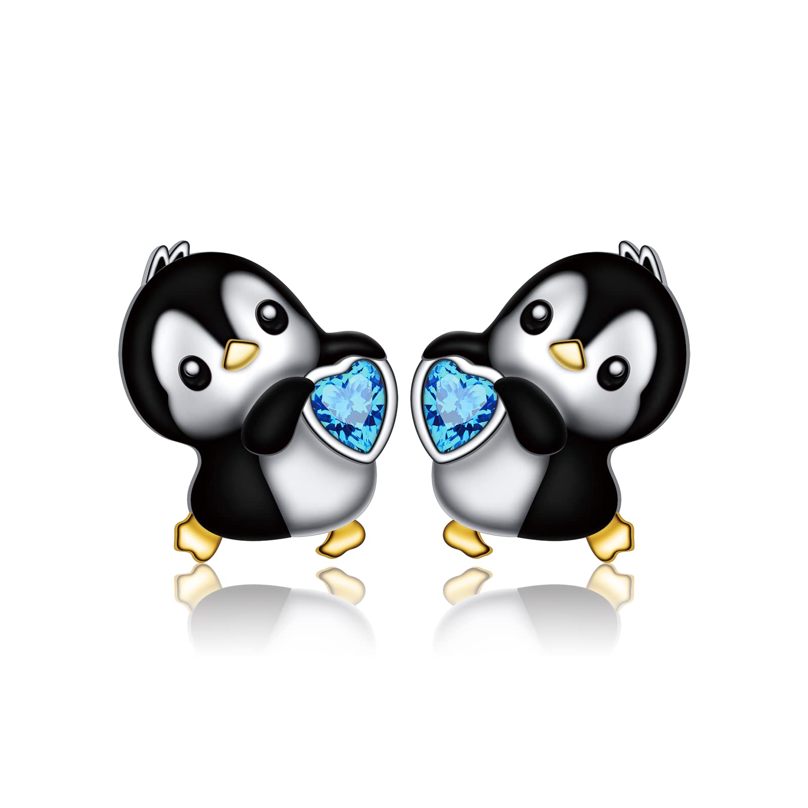 925 Sterling Silver Cute Animal Gold Plated Black Penguin Hold Blue Heart CZ Stud Earrings for Women Daughter Birthday Earrings Penguin Lover