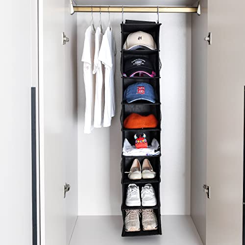 Berdeng Hanging Shoe Organizer for Closet with Side Mesh Pockets,Hat Racks for Baseball Caps,Shoe and Hat Holder & Storage,8-Shelf,Black,1 pack