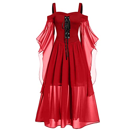 beshionljs Womens Medieval Renaissance Gothic Costume with Corset Long Sleeve Cold Shoulder Steampunk Victorian Corset Dress Plus Size Halloween Costumes Vintage Ball Gown Red