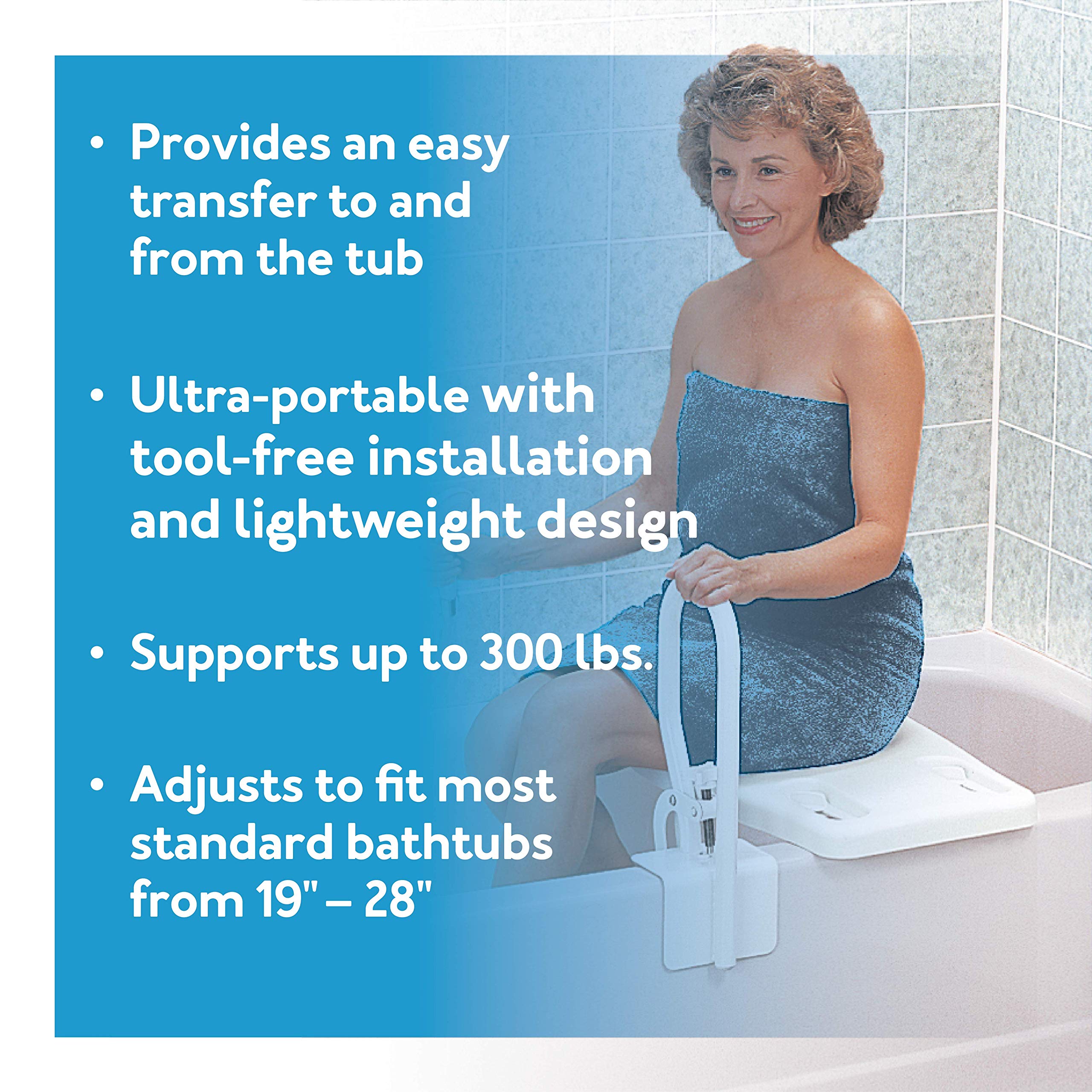 Carex Portable Shower Bench - Shower Bath Seat - Fits tub having width in the range of 19"-28". Comfortable Contoured Seating Area with 300 Pound Weight Capacity, Portable and Easy to Store