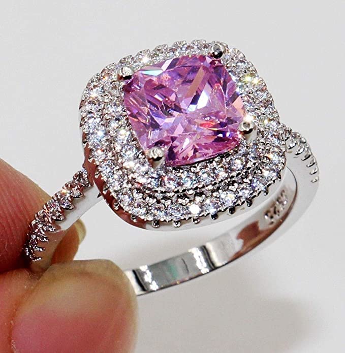 925 Sterling Silver Squer Rings for Women & Girls,Engagement Wedding Band Jewelry | Pink Cushion Cut Diamond Ring (10)