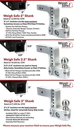 Weigh Safe Adjustable Trailer Hitch Ball Mount - 8" Drop Hitch for 2.5" Receiver w/ 2 pc Keyed Alike Lock Set, Premium Steel Trailer Tow Hitch w/Built in Weight Scale for Anti Sway, 22,000 lbs GTW