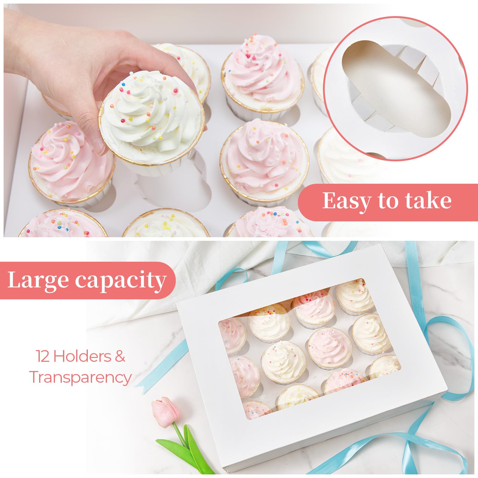 Ohuhu Cupcake Boxes, Upgraded Thicken 6 Pack 12 Count Cupcake Container - Food Grade Cupcake Carrier with Handle Tray Window and Inserts to Hold 72 Pastry Muffin Box for Birthday Holiday Party Bakery