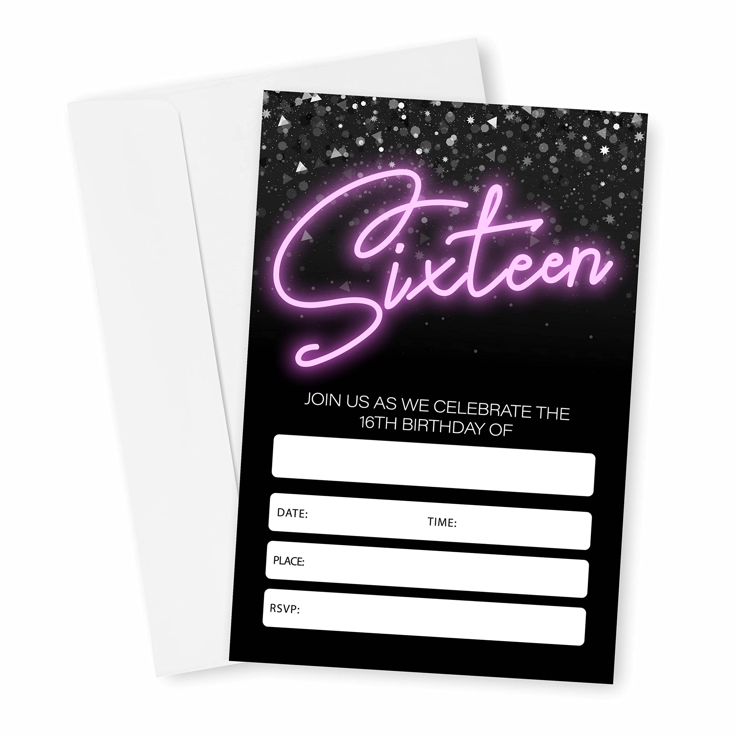 Neon 16th Birthday Invitations, Glow Theme Birthday Party Invites Decorations, Kids Adults Birthday Party and Events Supplies, 20 Fill-in Invites Cards with Matching Envelopes(YQK-023)