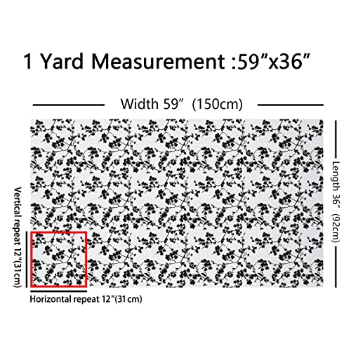 Cherry Blossom Fabric by The Yard, Japanese Style Upholstery Fabric for Chairs Sofa, Sakura Floral Themed Waterproof Fabric, Abstract Flower Material by The Yard, Black White, 10 Yards