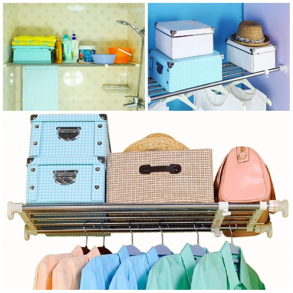 BAOYOUNI Closet Tension Shelf Rod Heavy Duty Wardrobe Organizer Adjustable Storage Shelves Rack DIY Closet Dividers Separators for Kitchen Bathroom Bedroom Garage, 19.69-31.5 Inches