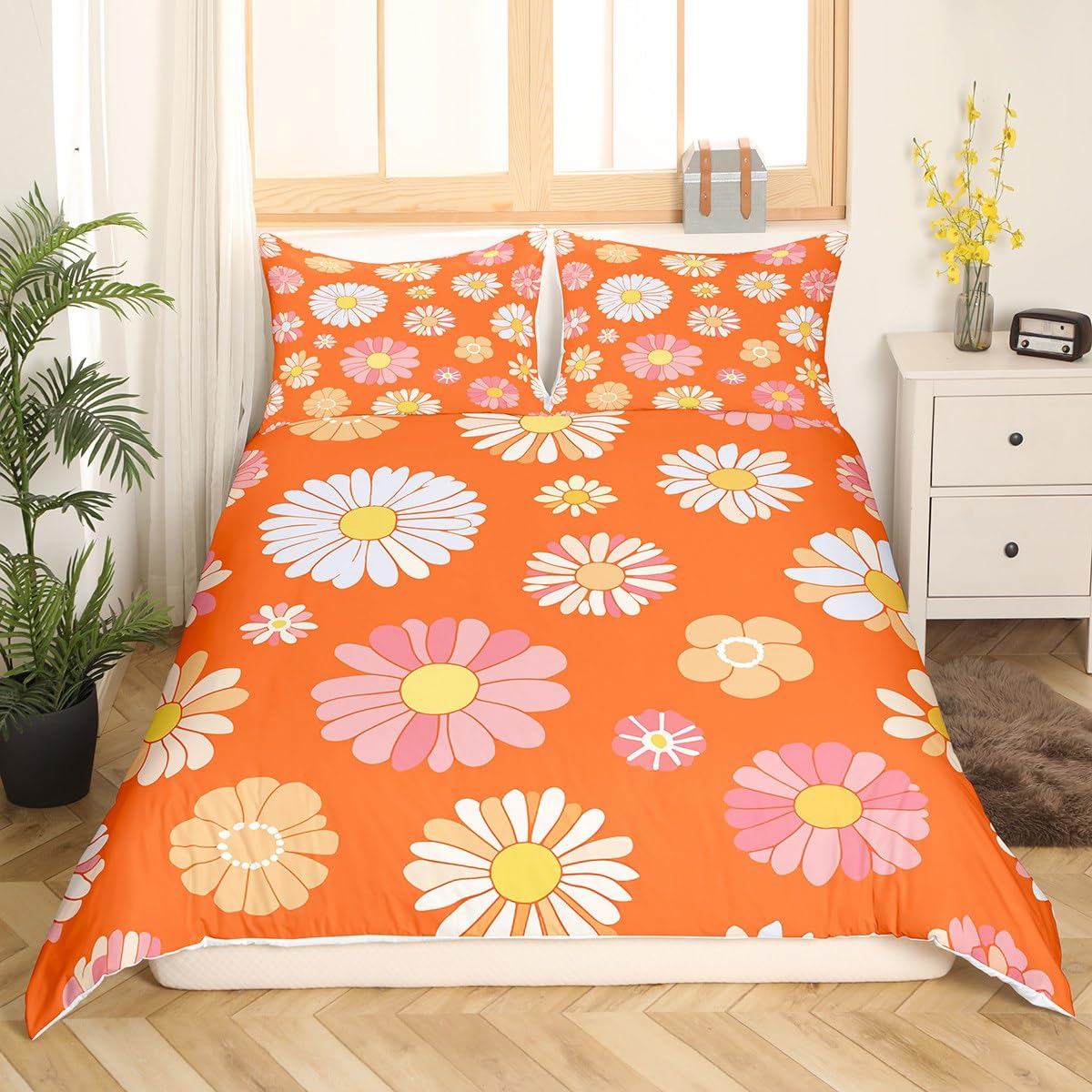 Feelyou 60S?70S?Groovy Bedding Set Kids Retro?Hippie?Flower Comforter Cover Set for Boys Teens Vintage Boho Plant Floral Duvet Cover Botanical Blossom Orange Bedspread Cover Twin Size 2Pcs Bedclothes