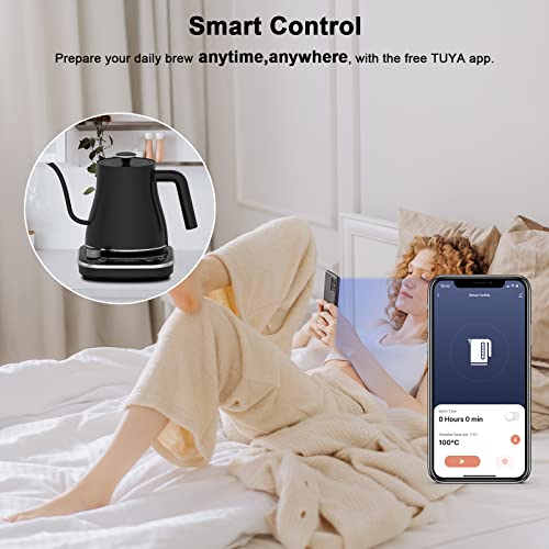 Gooseneck Electric Kettle, WiFi Smart Electric Kettle Temperature Control, Pour Over Kettle and Tea Kettle, TUYA App Control, 1200W Quick Heating, 100% Stainless Steel, 0.8L, Matte Black