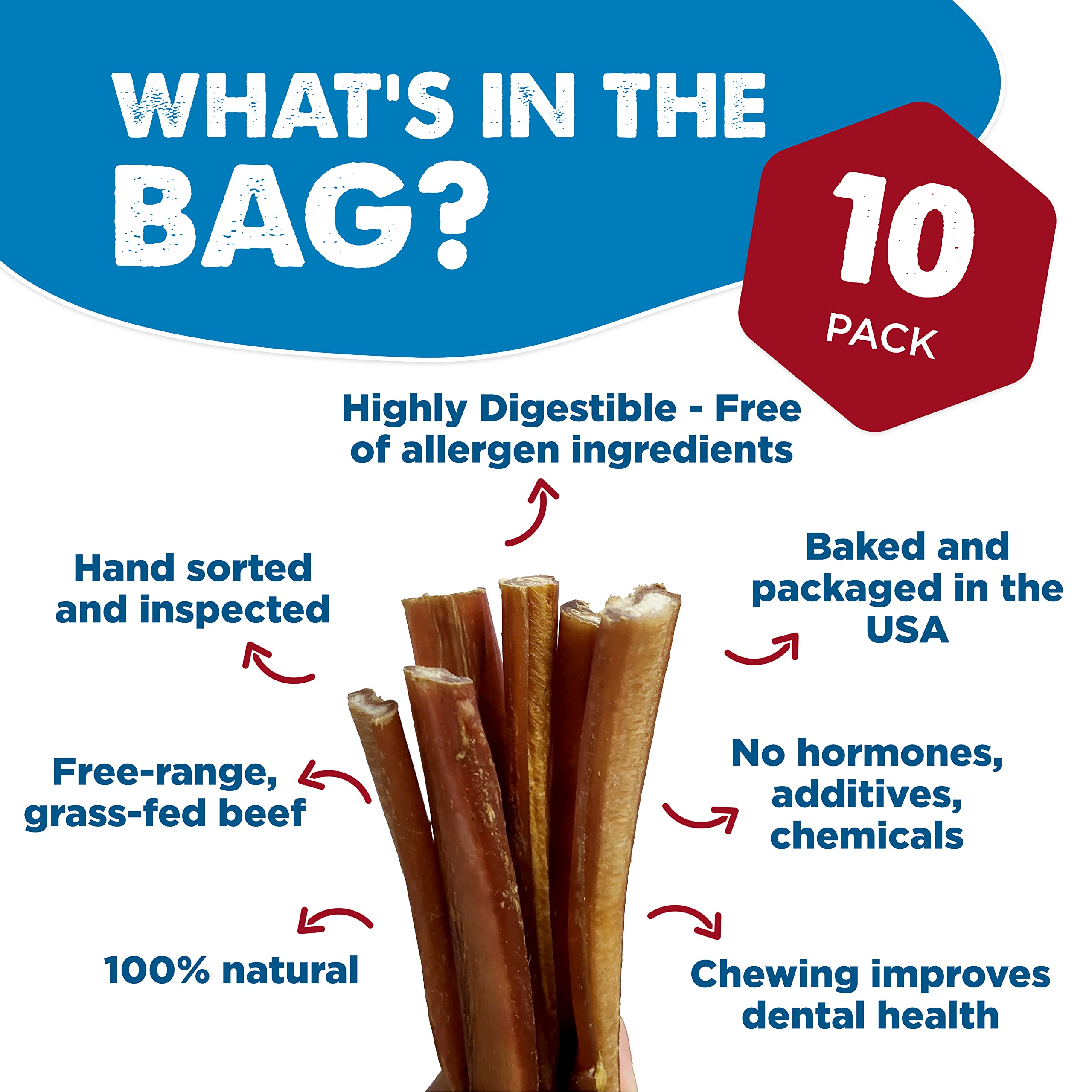 Best Bully Sticks 12 Inch All-Natural USA-Baked Bully Sticks for Dogs - 12β Easily digestible, 100% Grass-Fed Beef, Grain and Rawhide Free | 10 Pack