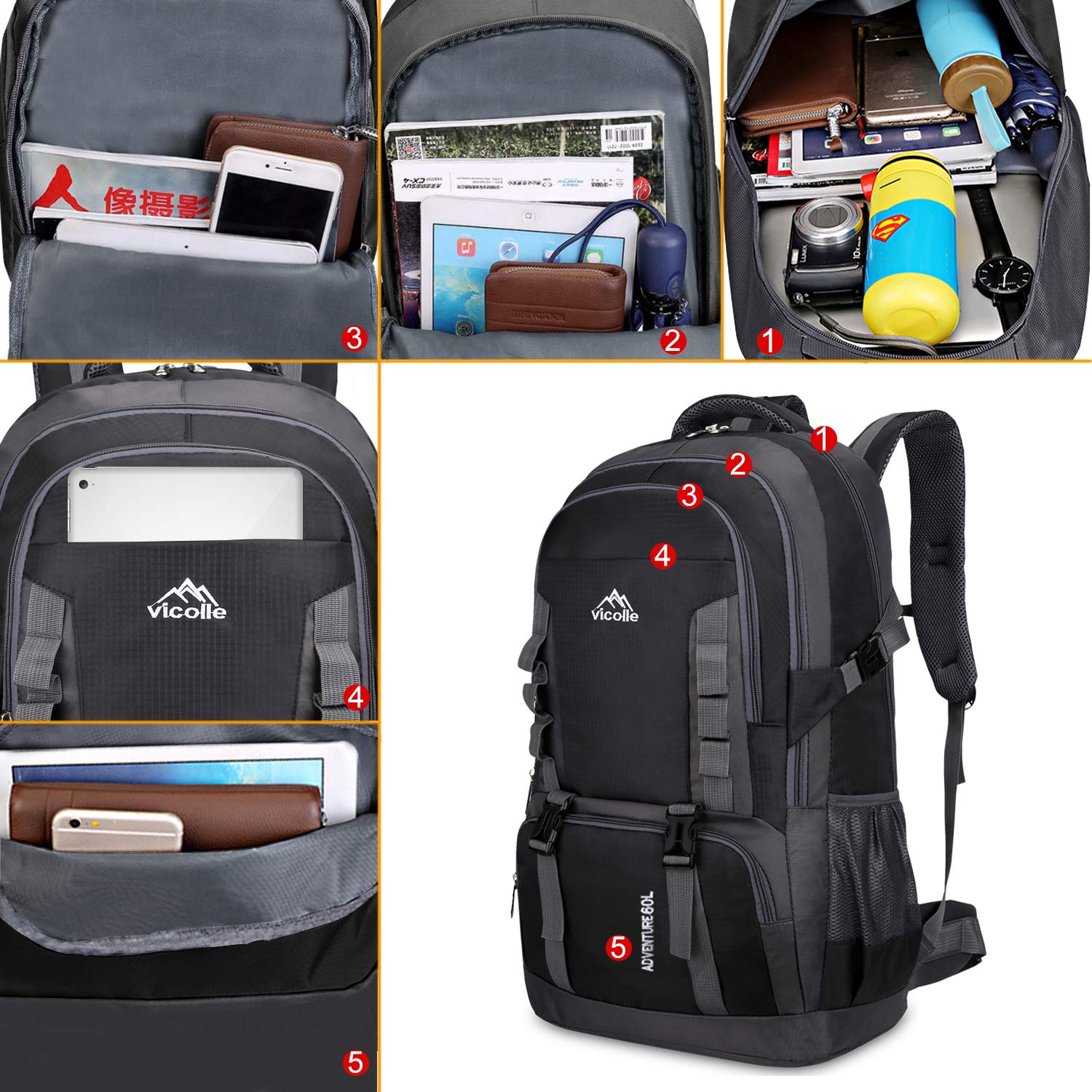 ANSKE 60L Hiking Backpack Waterproof Travel Fishing Climbing Camping Hiking Daypack for Men Women